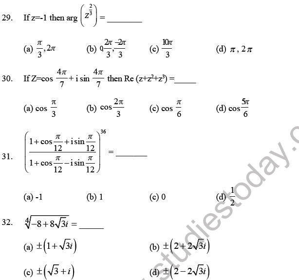 JEE Mathematics Complex Numbers MCQs Set A with Answers